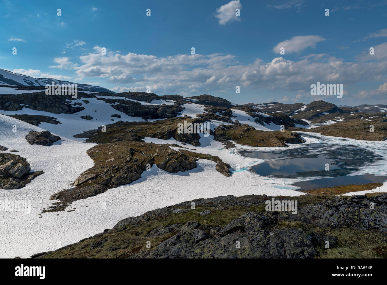 Springtime view of the mountain landscape with melting lakes in the ...