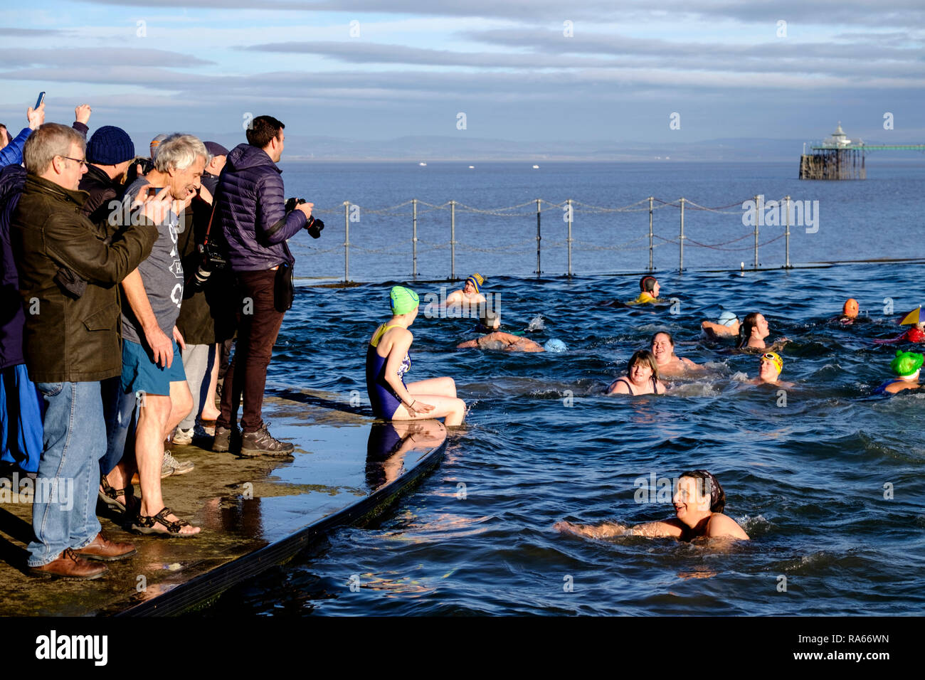 Clevedon, Somerset, UK. 1st Jan 2019. A bracing dip in the Marine Lake ...