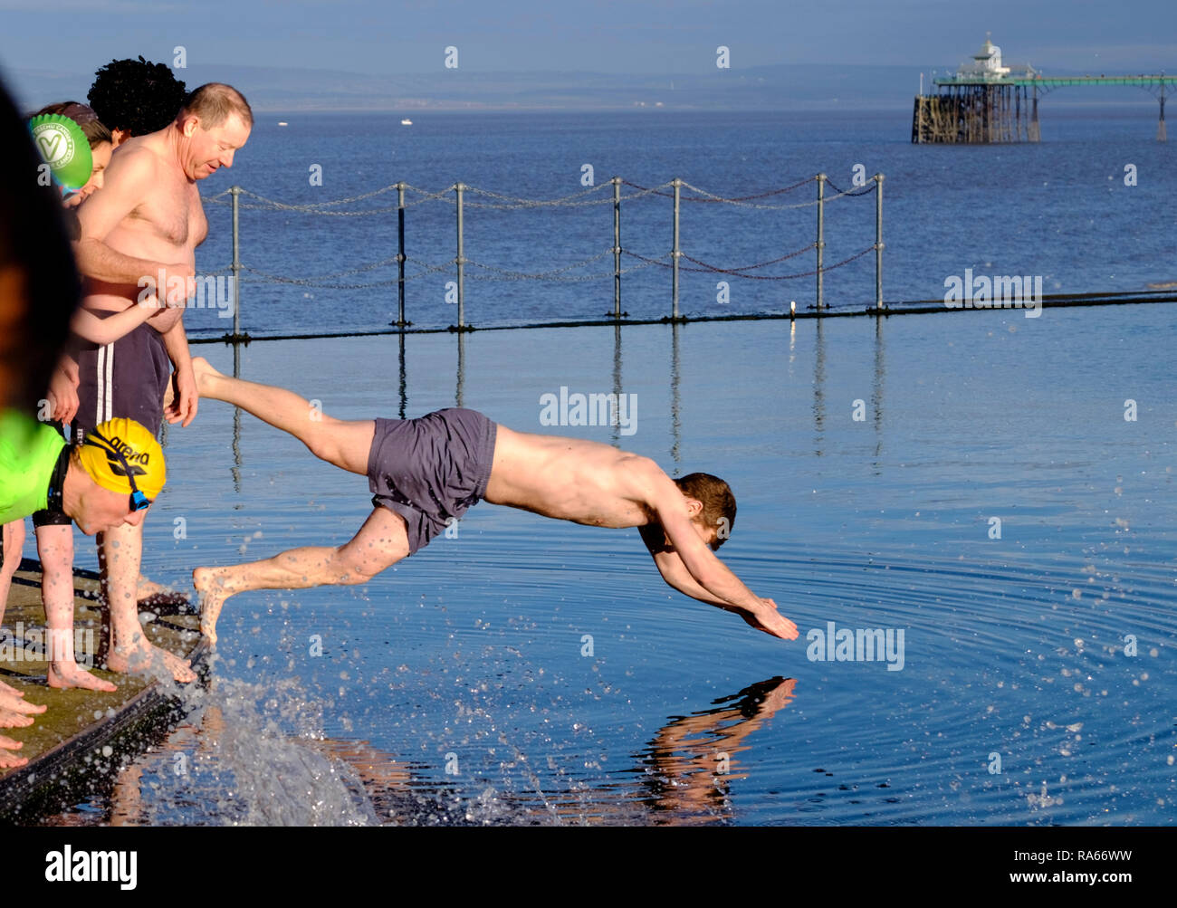 Clevedon, Somerset, UK. 1st Jan 2019. A bracing dip in the Marine Lake ...