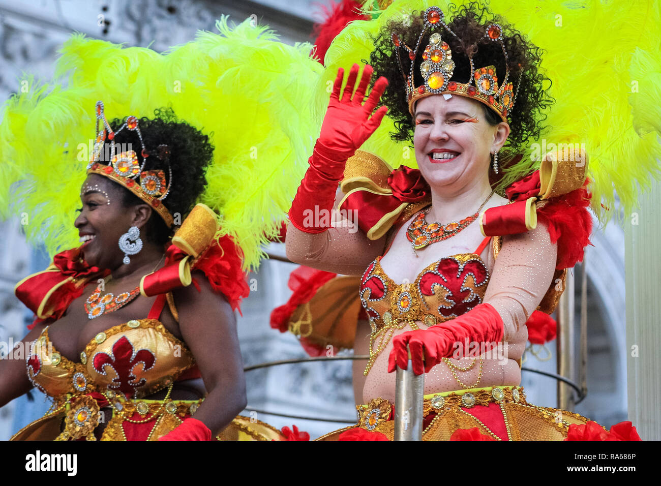 London, 1st Jan 2019. A colourful float from London School of Samba ...