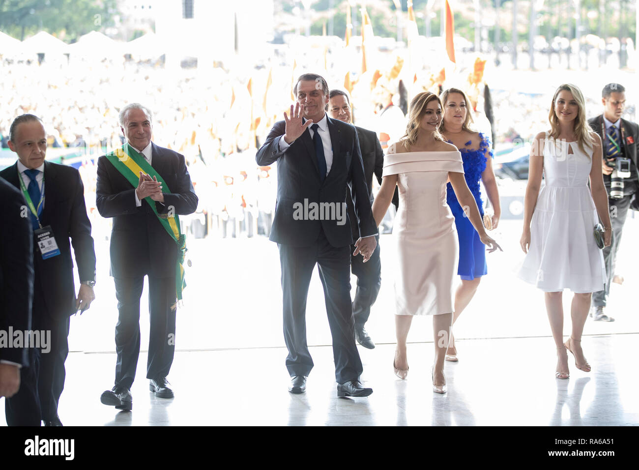 Brasilia, Brazil. 1st Jan, 2019. Jair Bolsonaro (C-L) and his wife ...