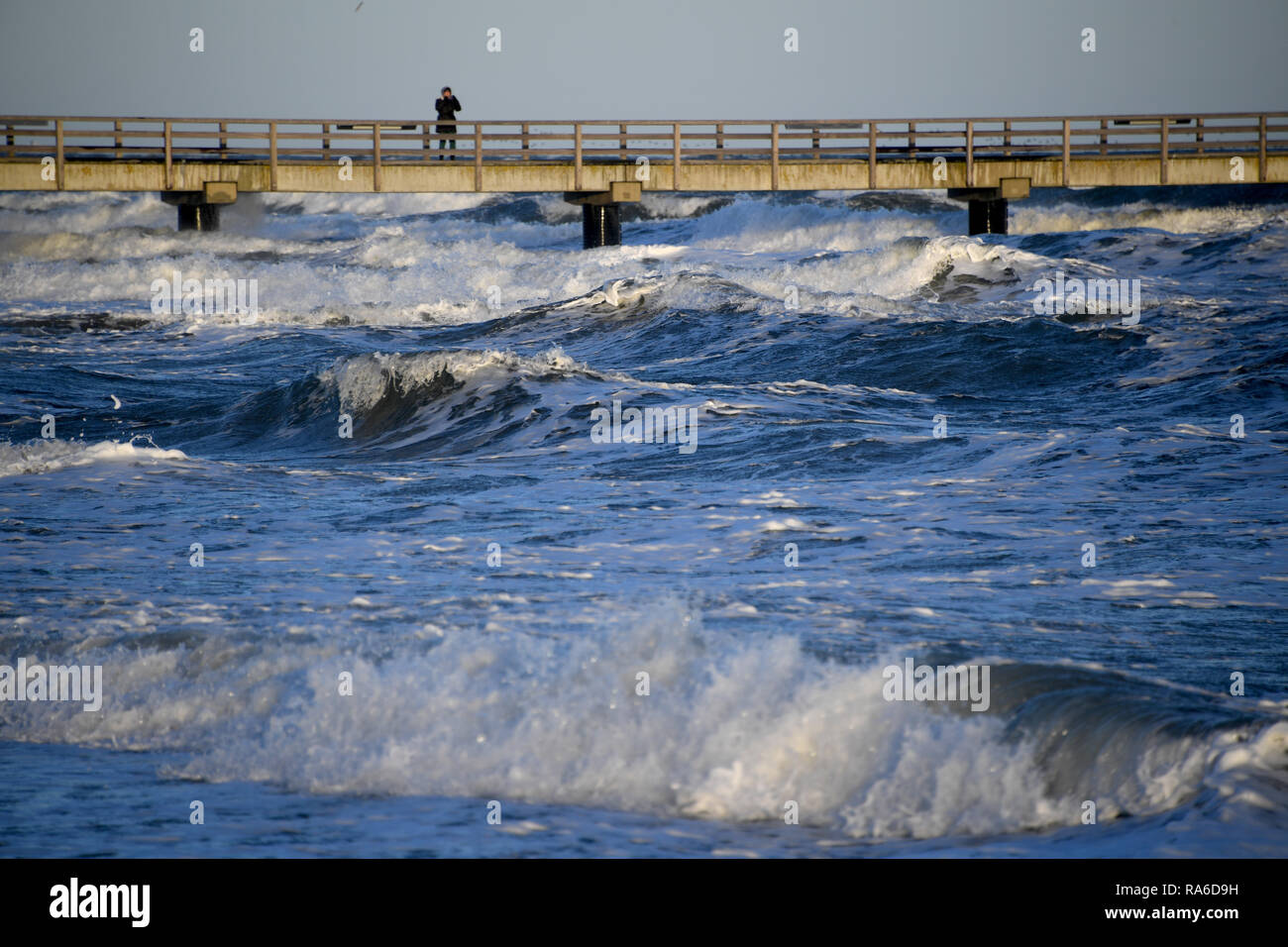 Schleswig-Holstein, Germany. 2nd Jan 2019. Waves hit the pier. On the ...