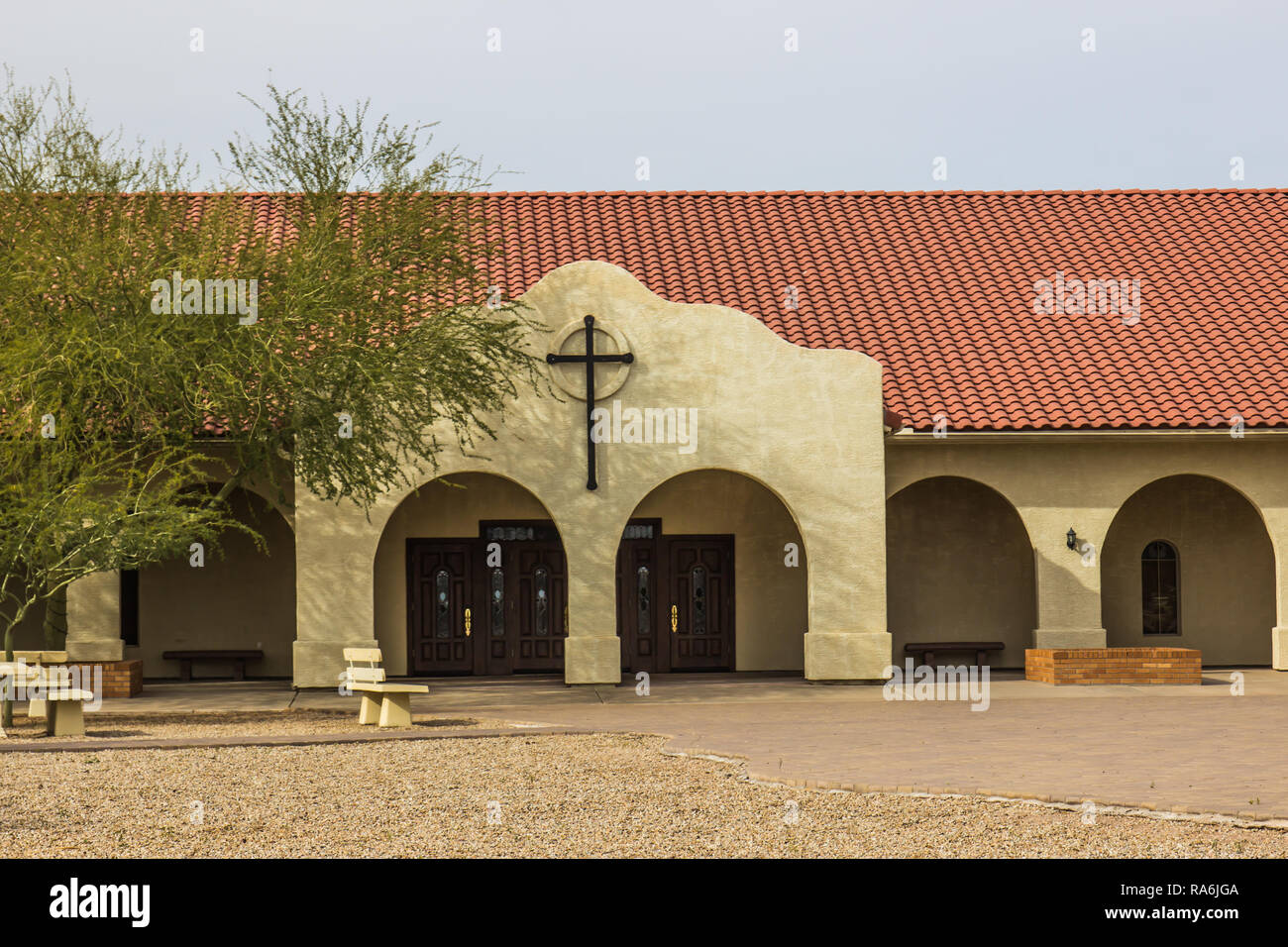Entrance To One Level Tile Roof Southwestern Church Stock Photo - Alamy