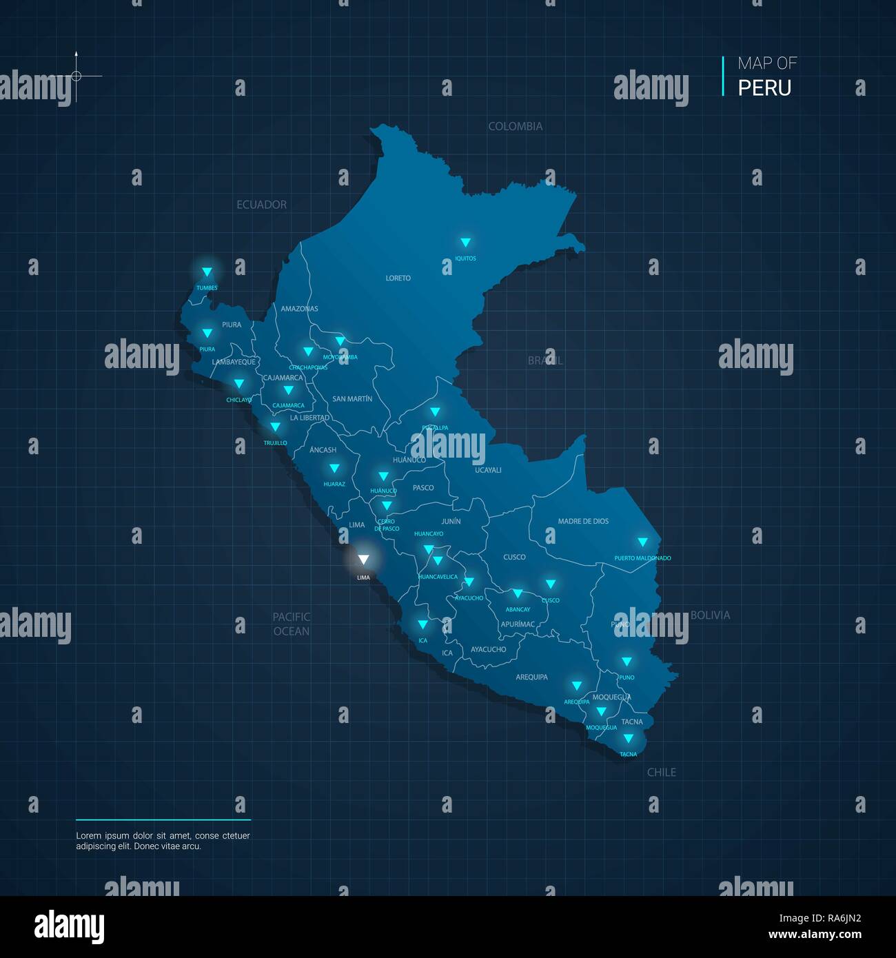 Vector Peru map illustration with blue neon lightpoints - triangle on ...
