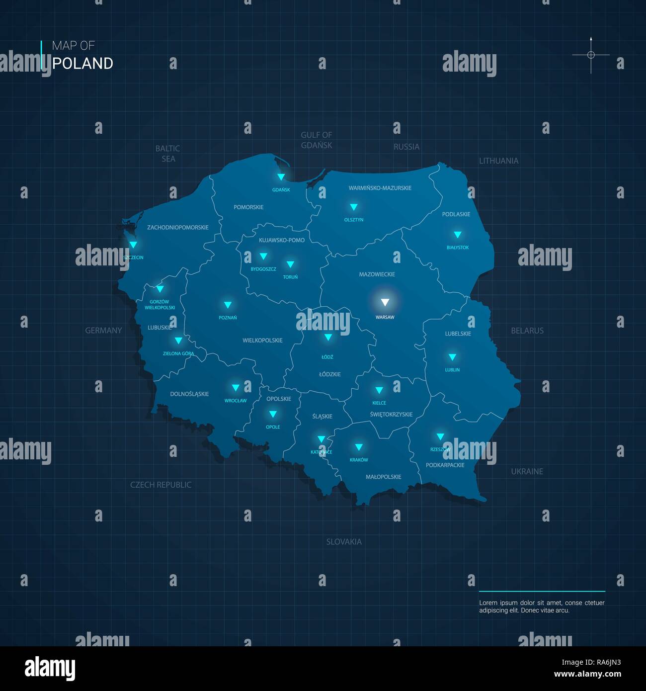 Vector Poland map illustration with blue neon lightpoints - triangle on ...