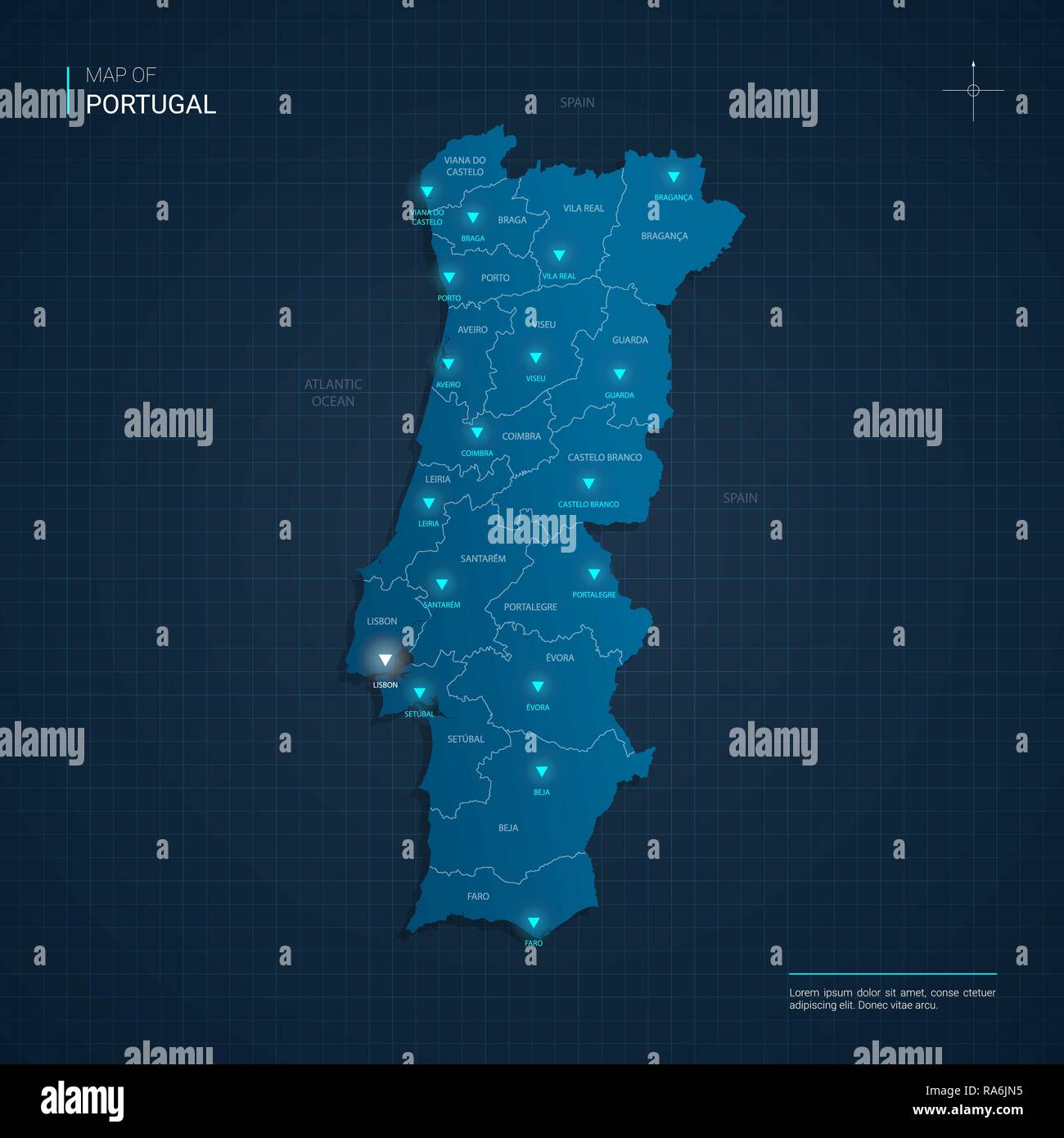 Vector Portugal map illustration with blue neon lightpoints - triangle ...
