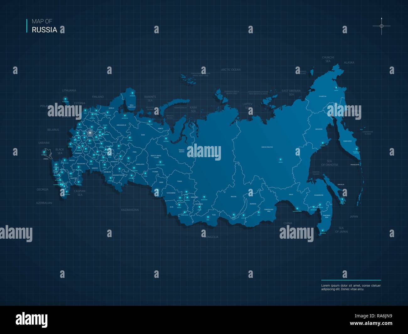 Vector Russia map illustration with blue neon lightpoints - triangle on ...