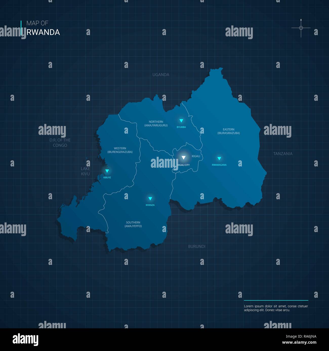 Vector Rwanda map illustration with blue neon lightpoints - triangle on ...
