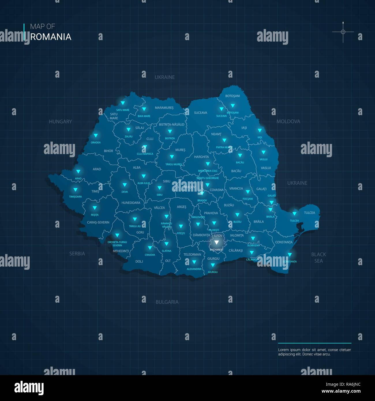 Vector Romania map illustration with blue neon lightpoints - triangle ...