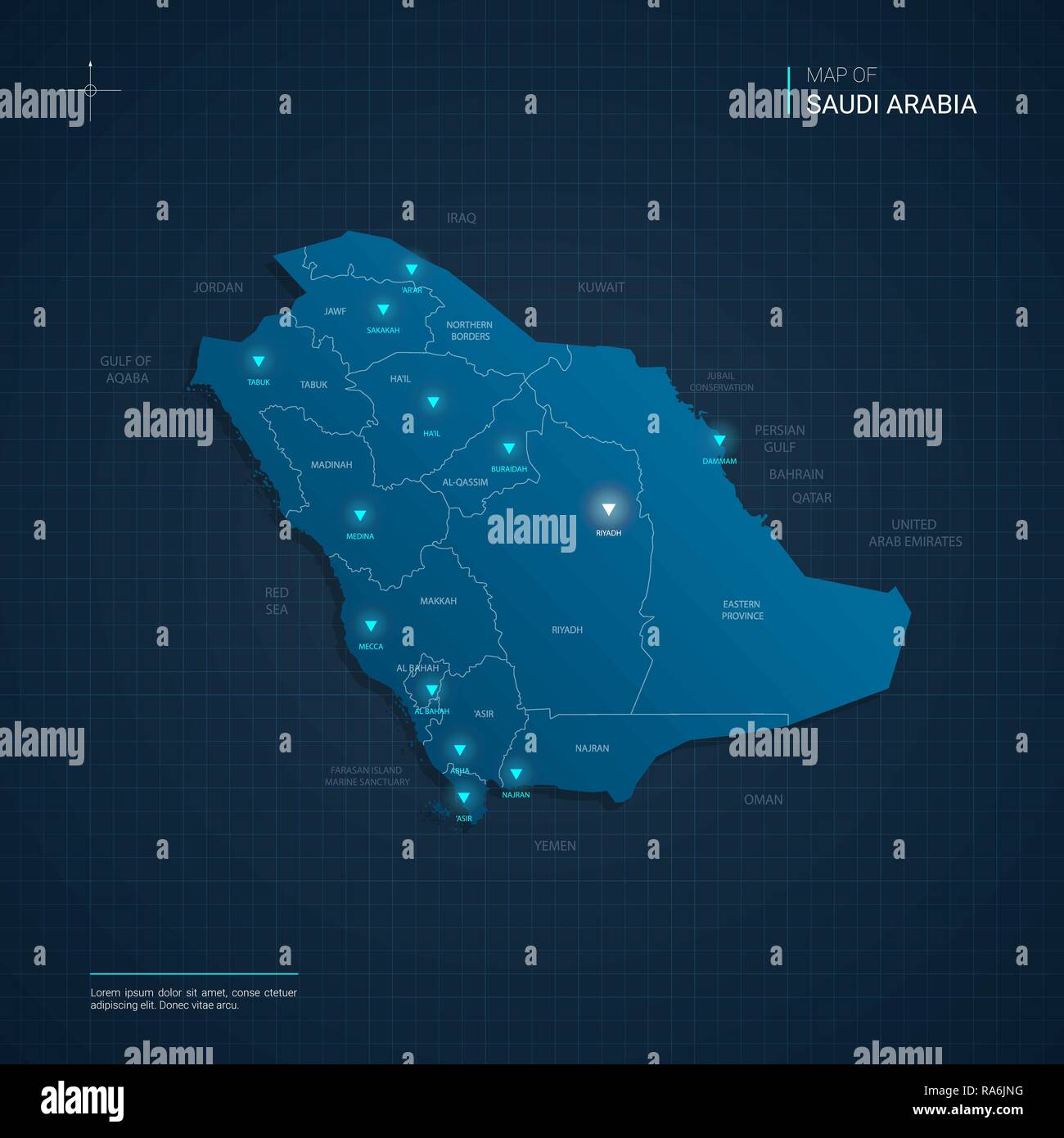 Vector Saudi Arabia map illustration with blue neon lightpoints ...