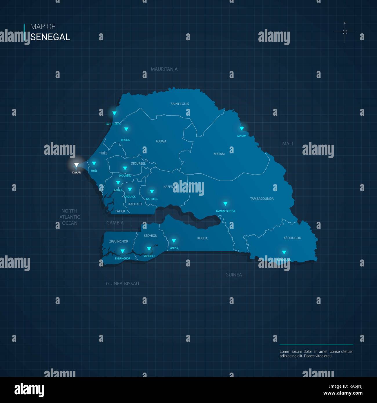 Vector Senegal map illustration with blue neon lightpoints - triangle ...