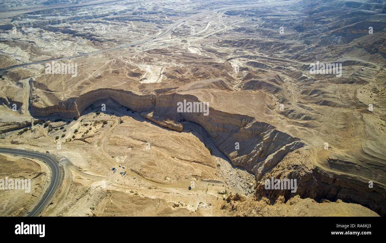 Aerial Photography with a drone. Route 90 that runs along the Dead Sea ...