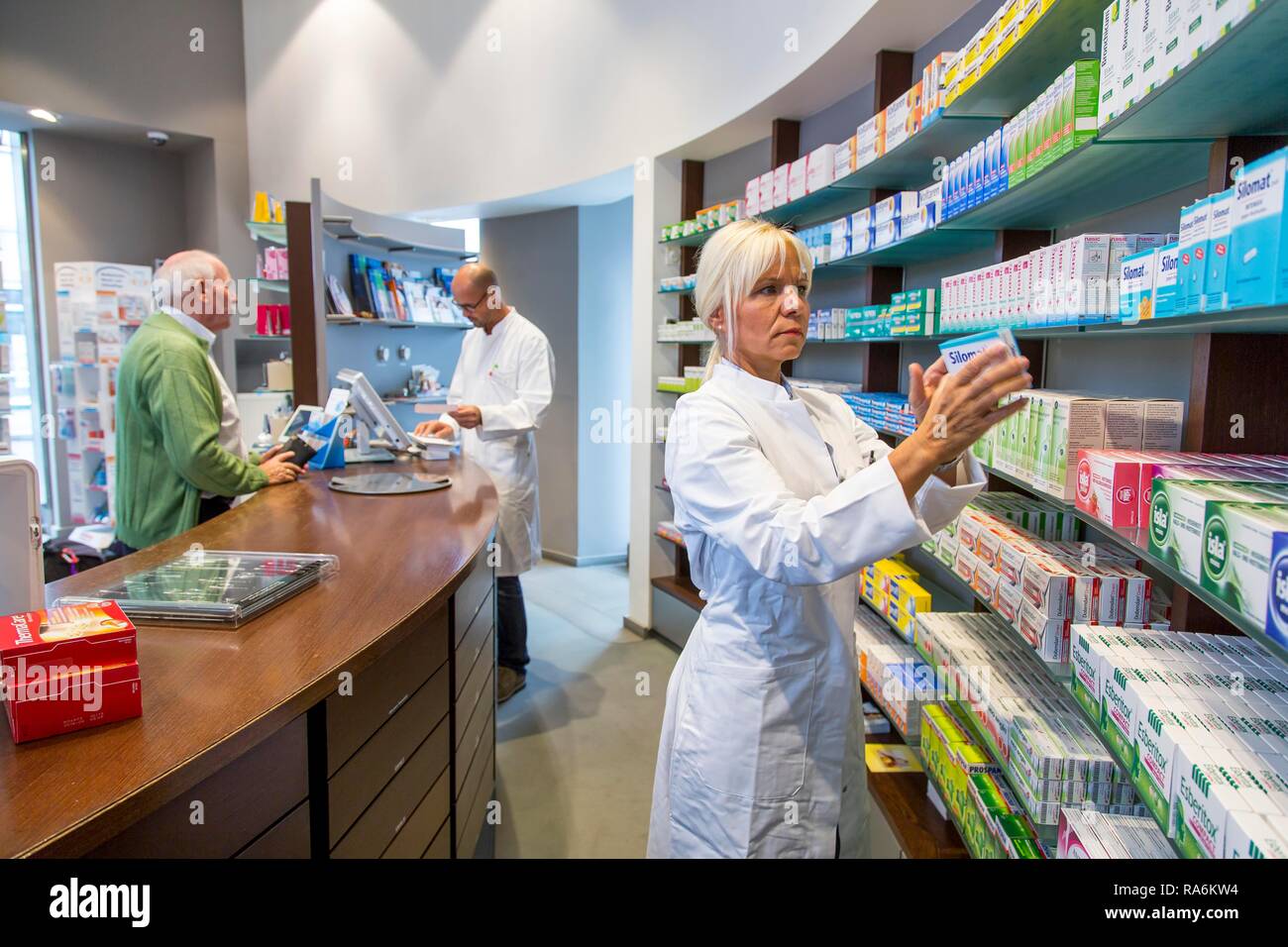 Pharmacy, pharmacist and pharmaceutical assistant, Germany Stock Photo ...