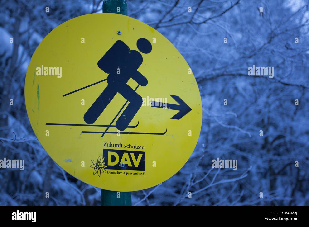 Yellow information sign for ski tourers, DAV, German Alpine Association ...