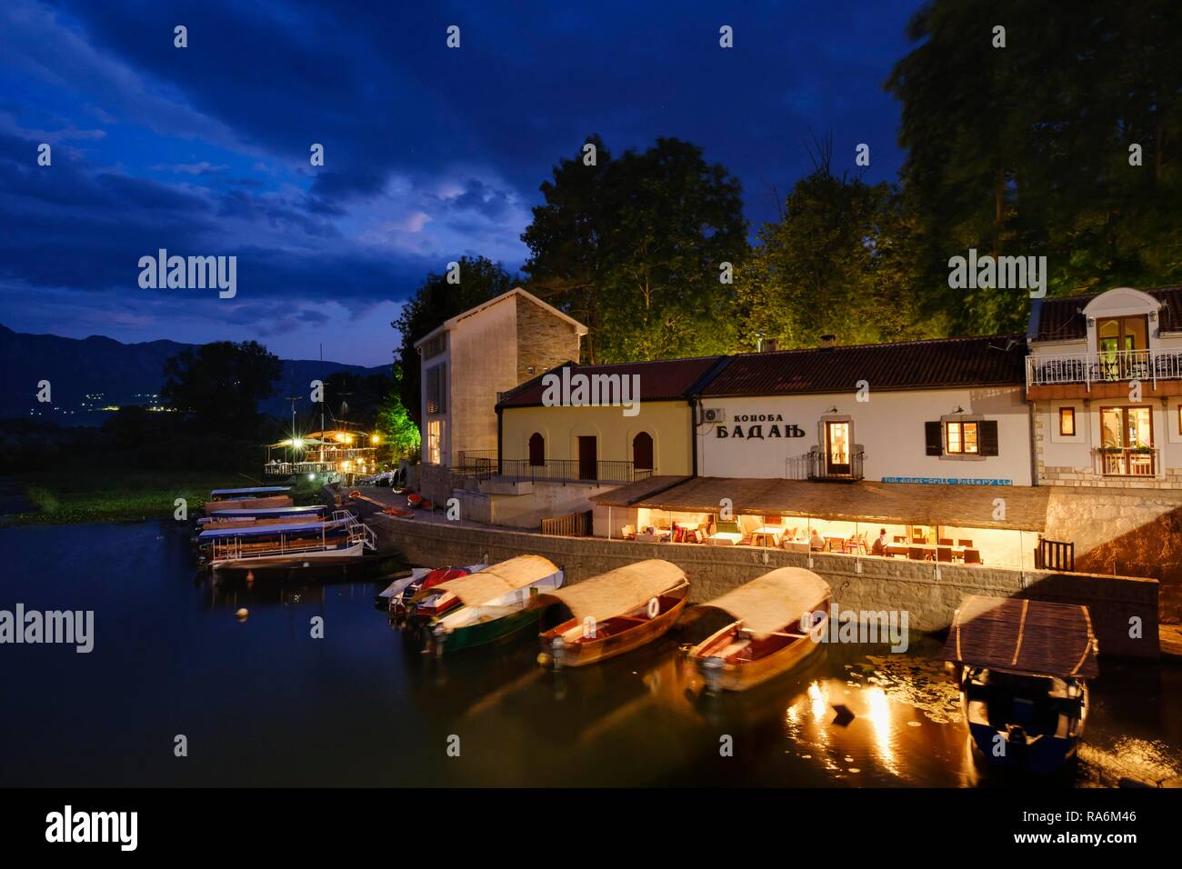 Excursion boats at dusk, Virpazar, Lake Skadar, Skadarsko Jezero ...