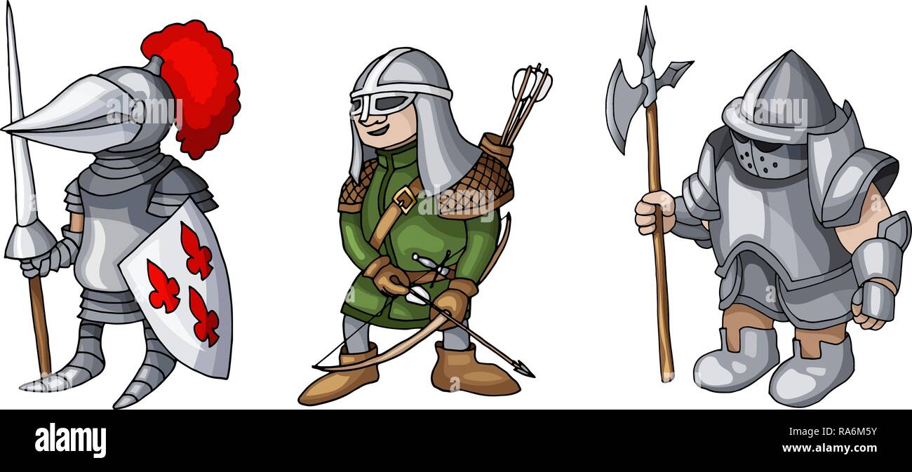 Cartoon colored three medieval knights prepering for Knight Tournament ...
