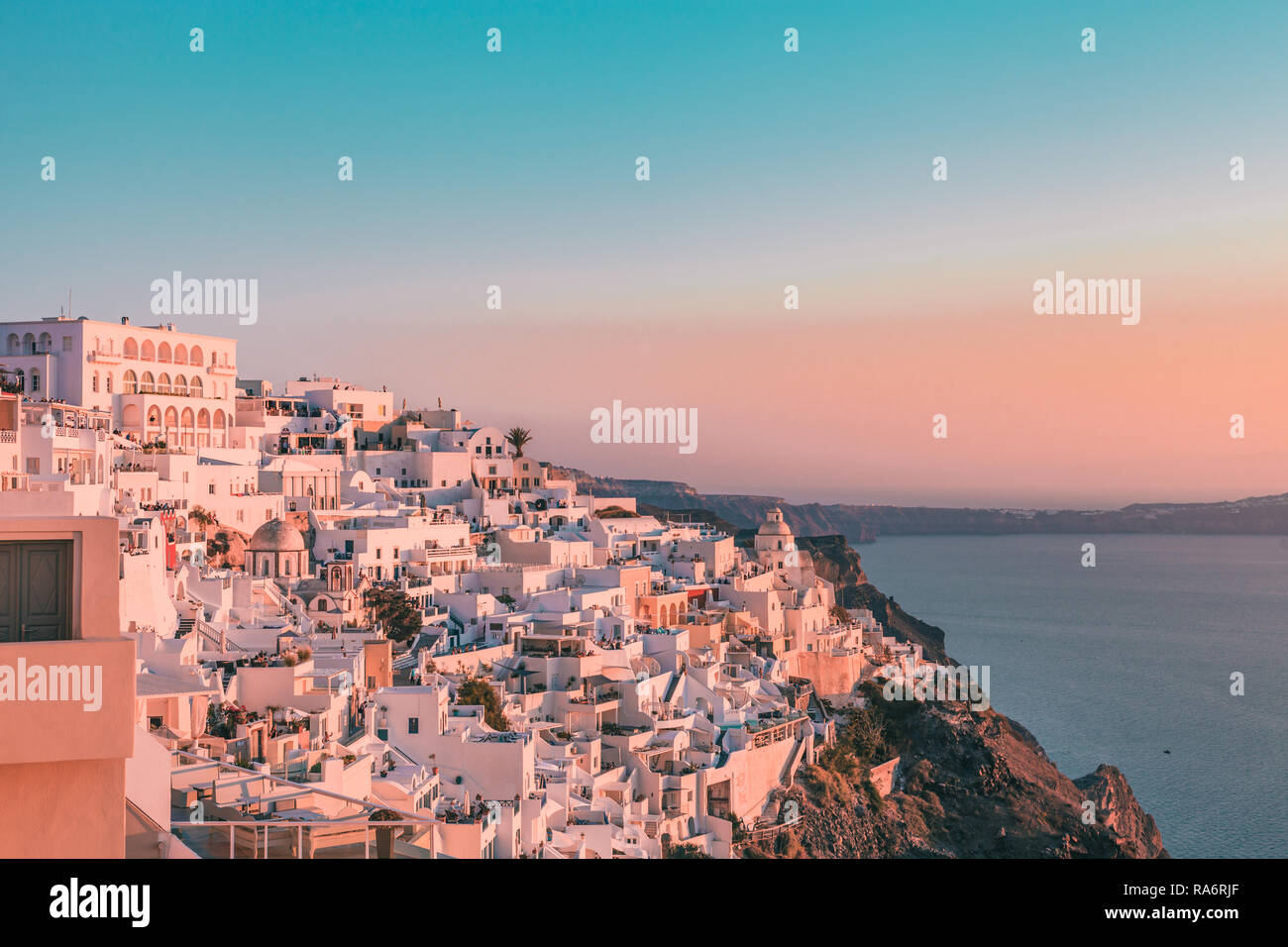 Iconic Greek sunset in Fira village in Santorini, Greece Stock Photo ...