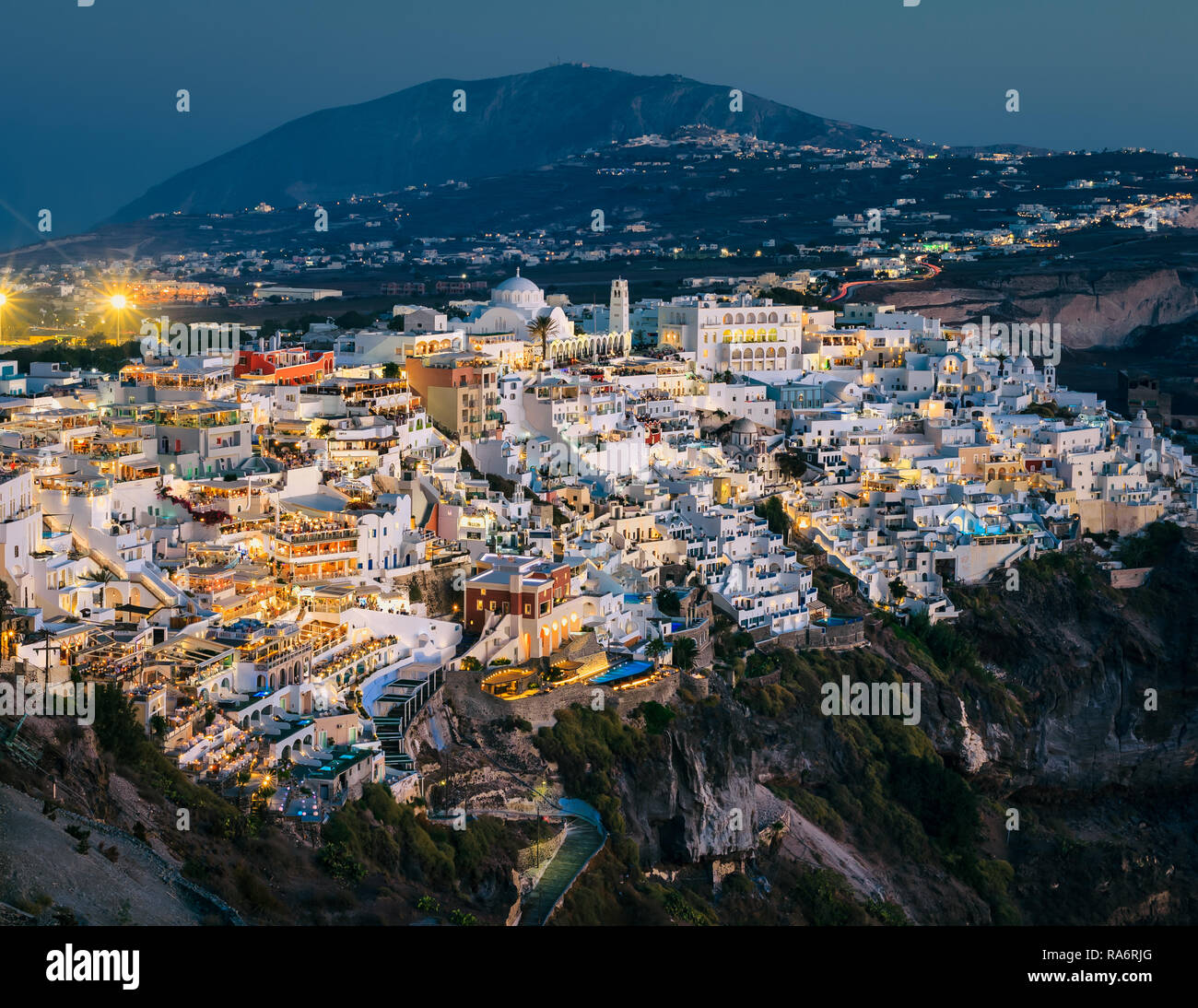 Traditional village of Fira in Santorini Greece during the blue hour ...