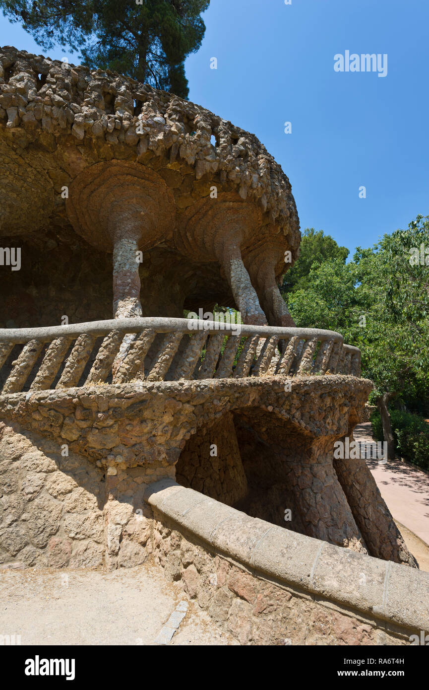 Stoney arches and building designed by Antoni Gaudi at the Park Guell ...