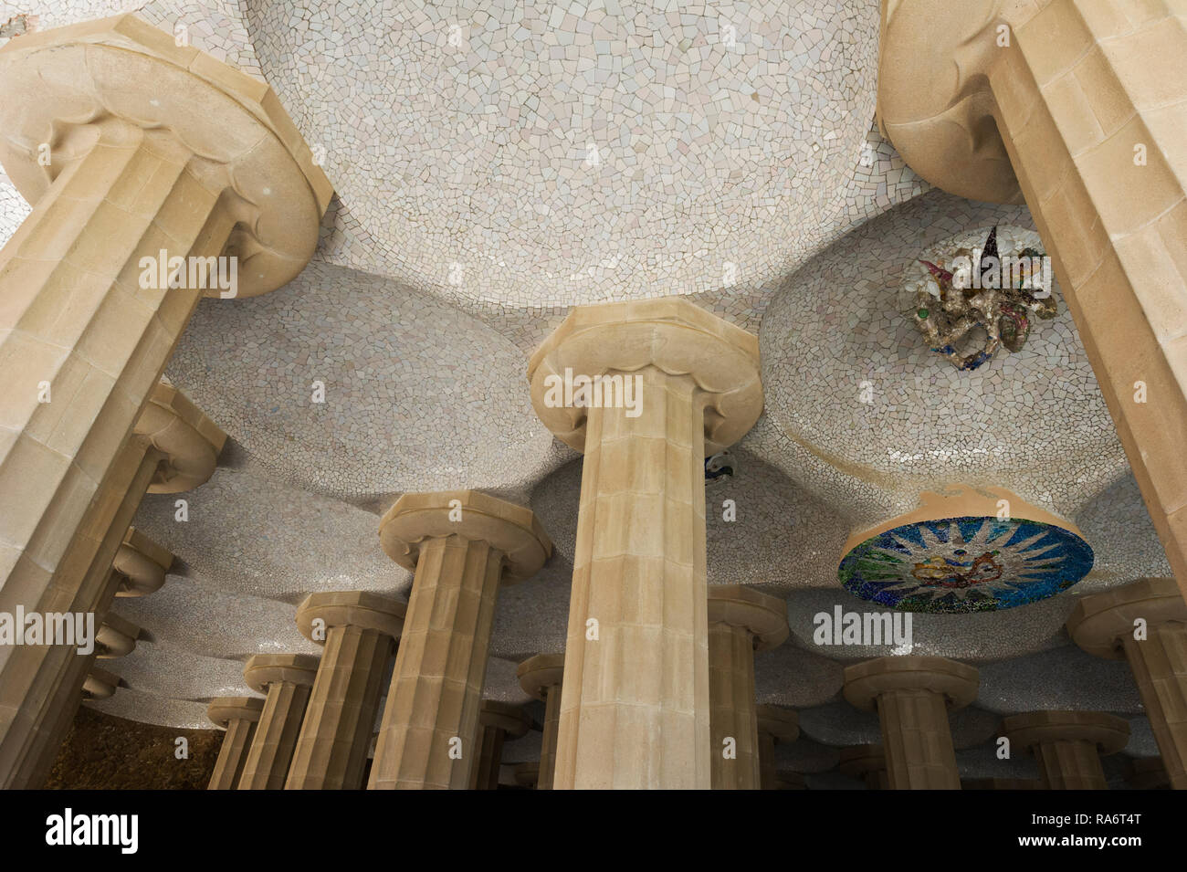 The Hall of Hundred Columns designed by Antoni Gaudi at the Park Güell ...