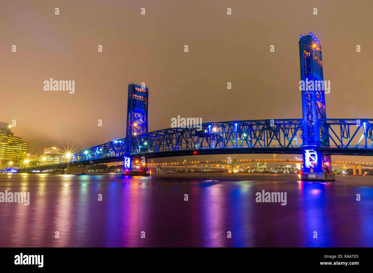 The Jacksonville Florida Main bridge painted blue and illuminated at ...