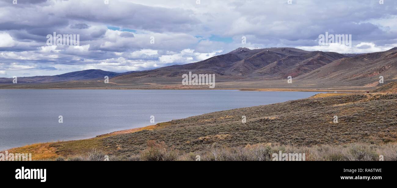 Strawberry Reservoir Bay in Fall, panorama forest views along Highway ...
