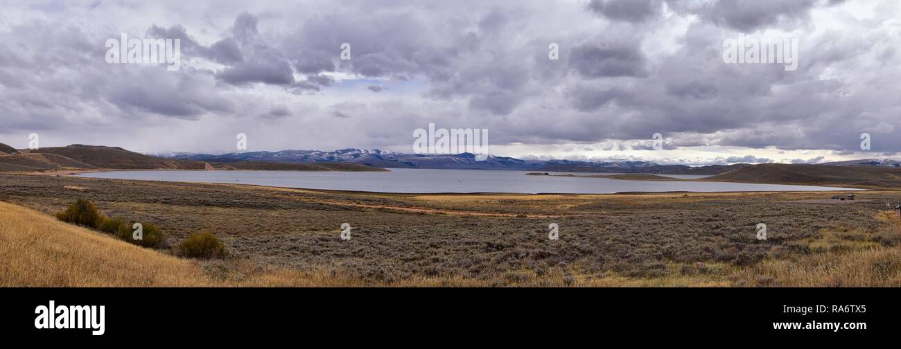 Strawberry Reservoir Bay in Fall, panorama forest views along Highway ...