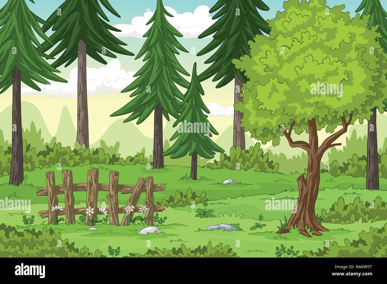 Cartoon summer landscape with fence, hand draw illustration Stock ...