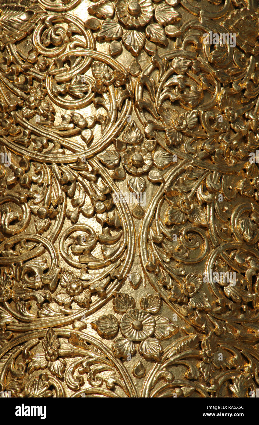 Wood carving with gold leaf, Shwedagon Pagoda in Yangon, Myanmar (Burma ...