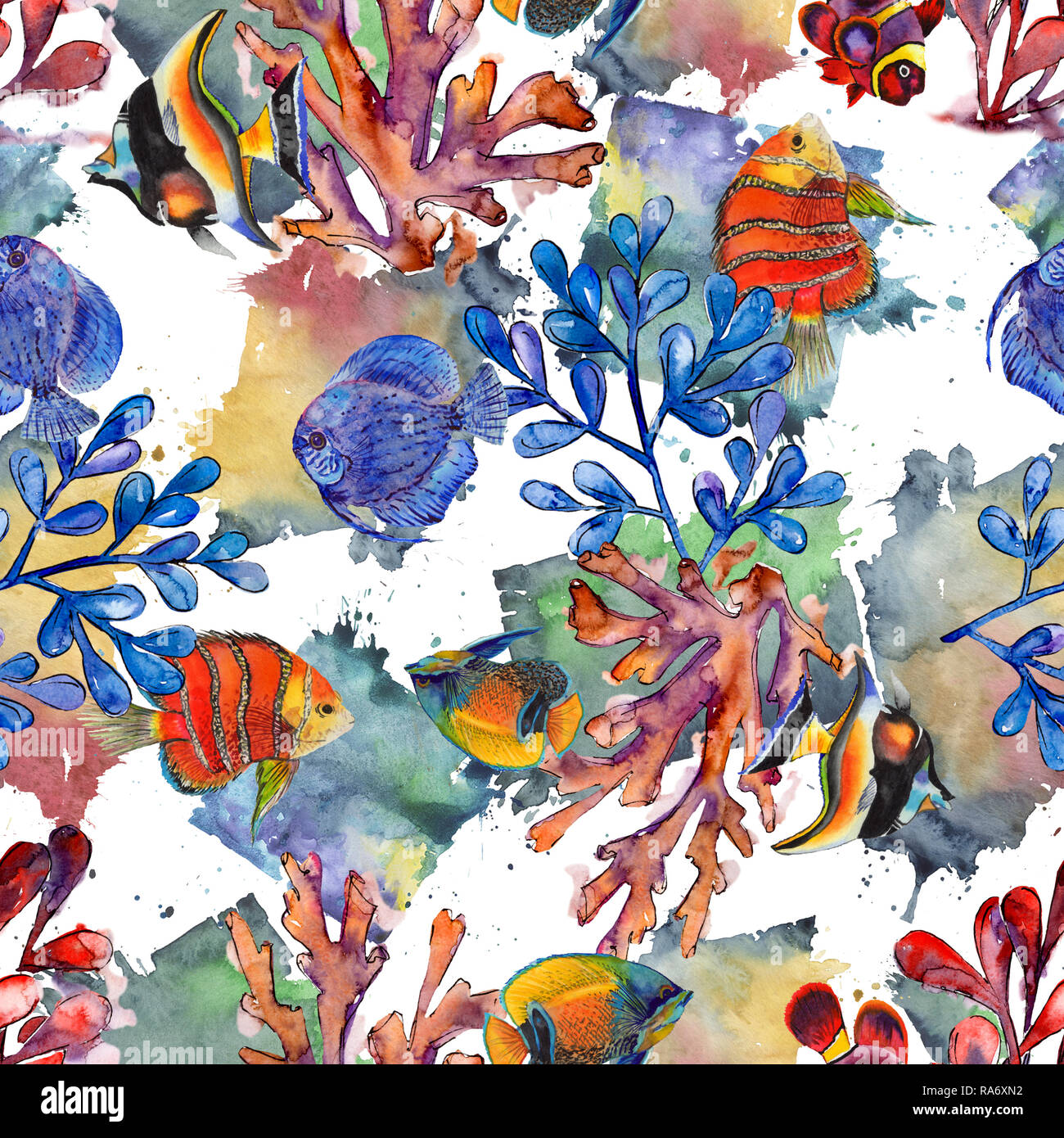 Watercolor aquatic underwater colorful tropical fish illustration set ...