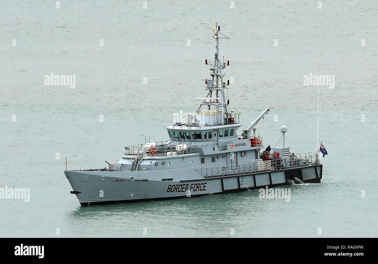 HMC Searcher, one of four cutter ships patrolling UK waters, arrives at ...