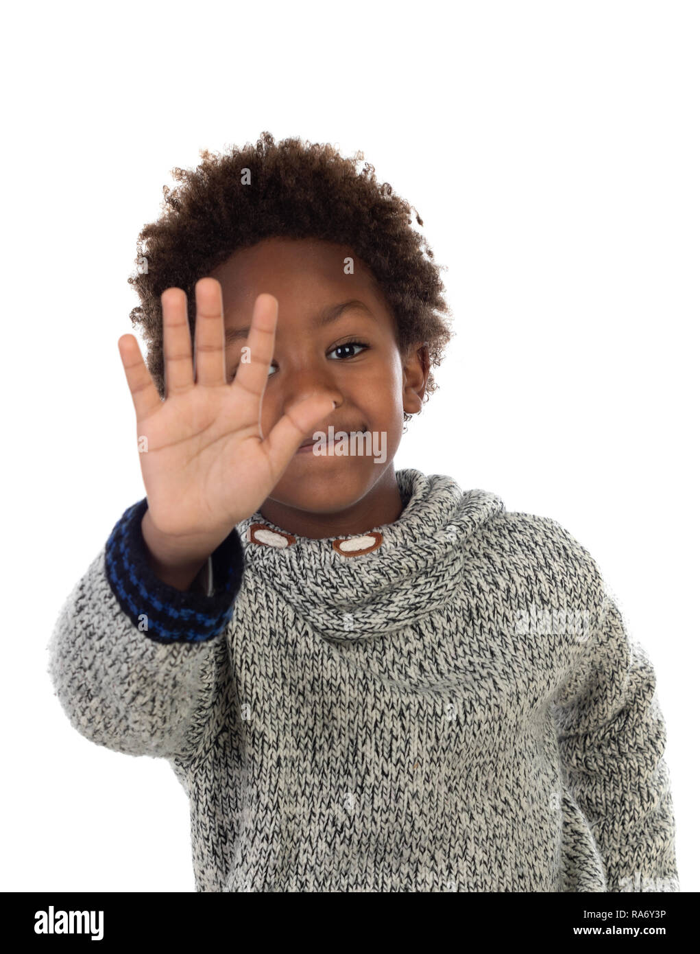 Funny african child saying Stop with his hand isolated on a white ...