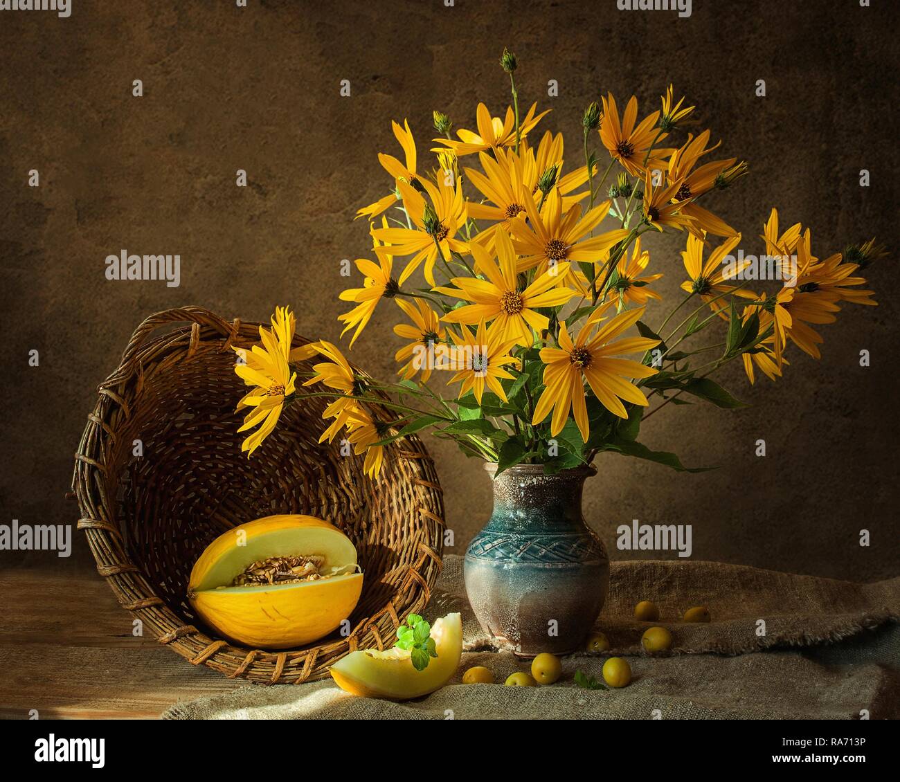 Still life with bouquet of yellow flowers Stock Photo - Alamy