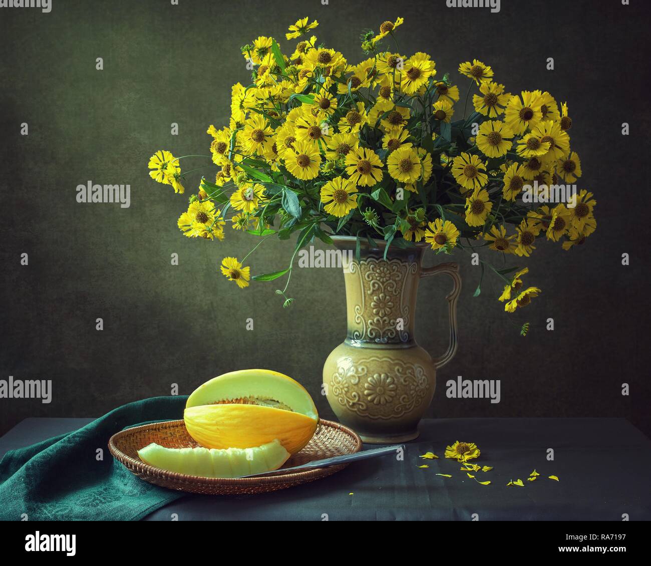 Still life with bouquet of yellow flowers Stock Photo - Alamy