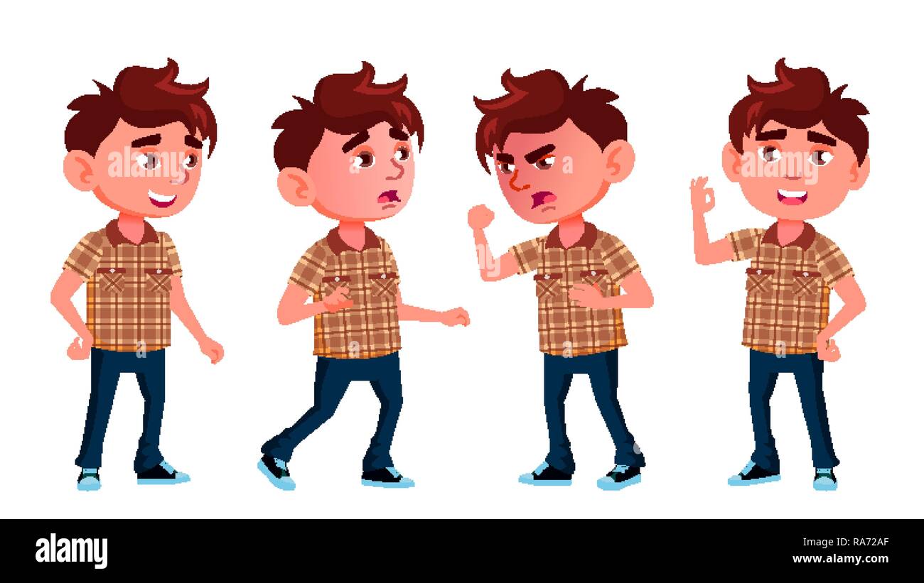 Boy Kindergarten Kid Poses Set Vector. Friendly Little Children. Cute ...
