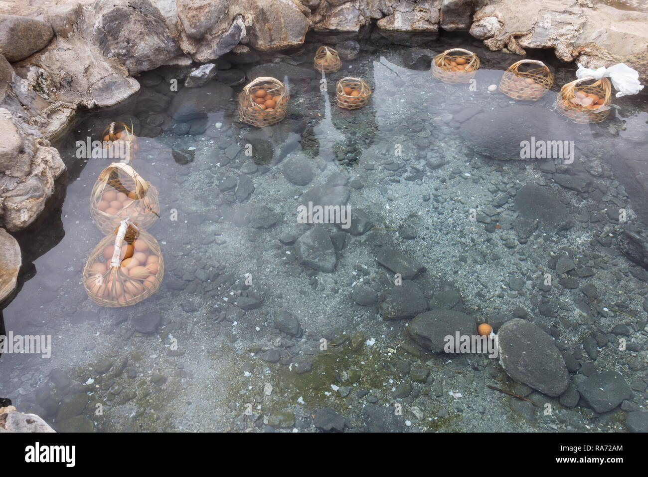 Boiling eggs in hot springs at Chaeson Hot Spring National Park in ...