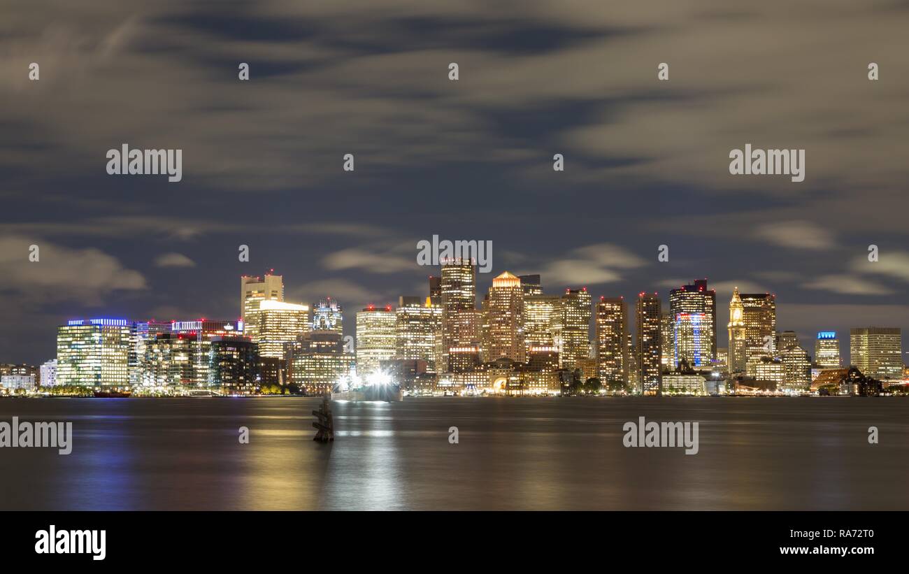 View of skyline of Boston at night, skyscrapers, front Boston Main ...