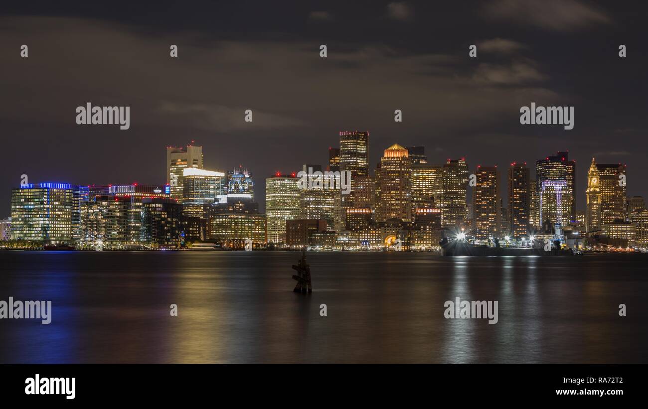 View of skyline of Boston at night, skyscrapers, front Boston Main ...