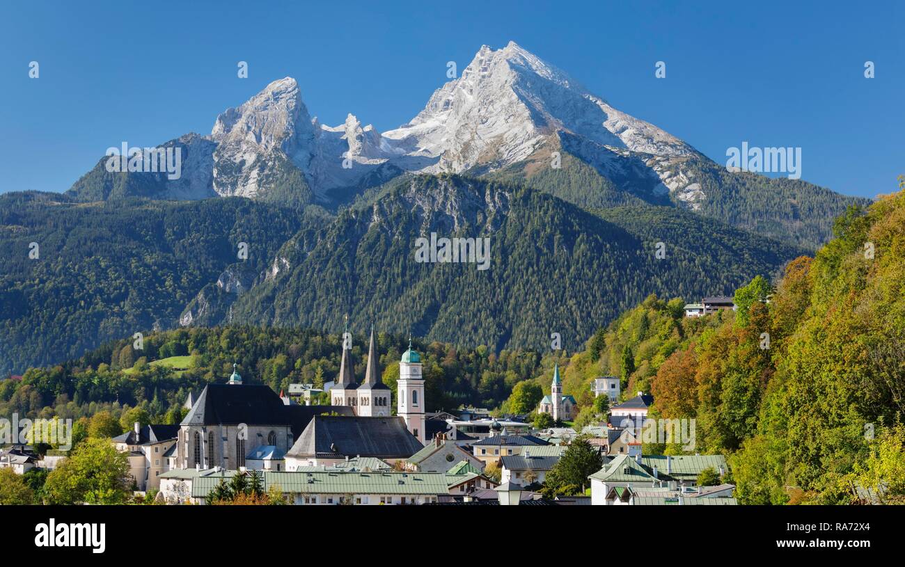 View over Berchtesgaden with collegiate church St.Peter and royal ...