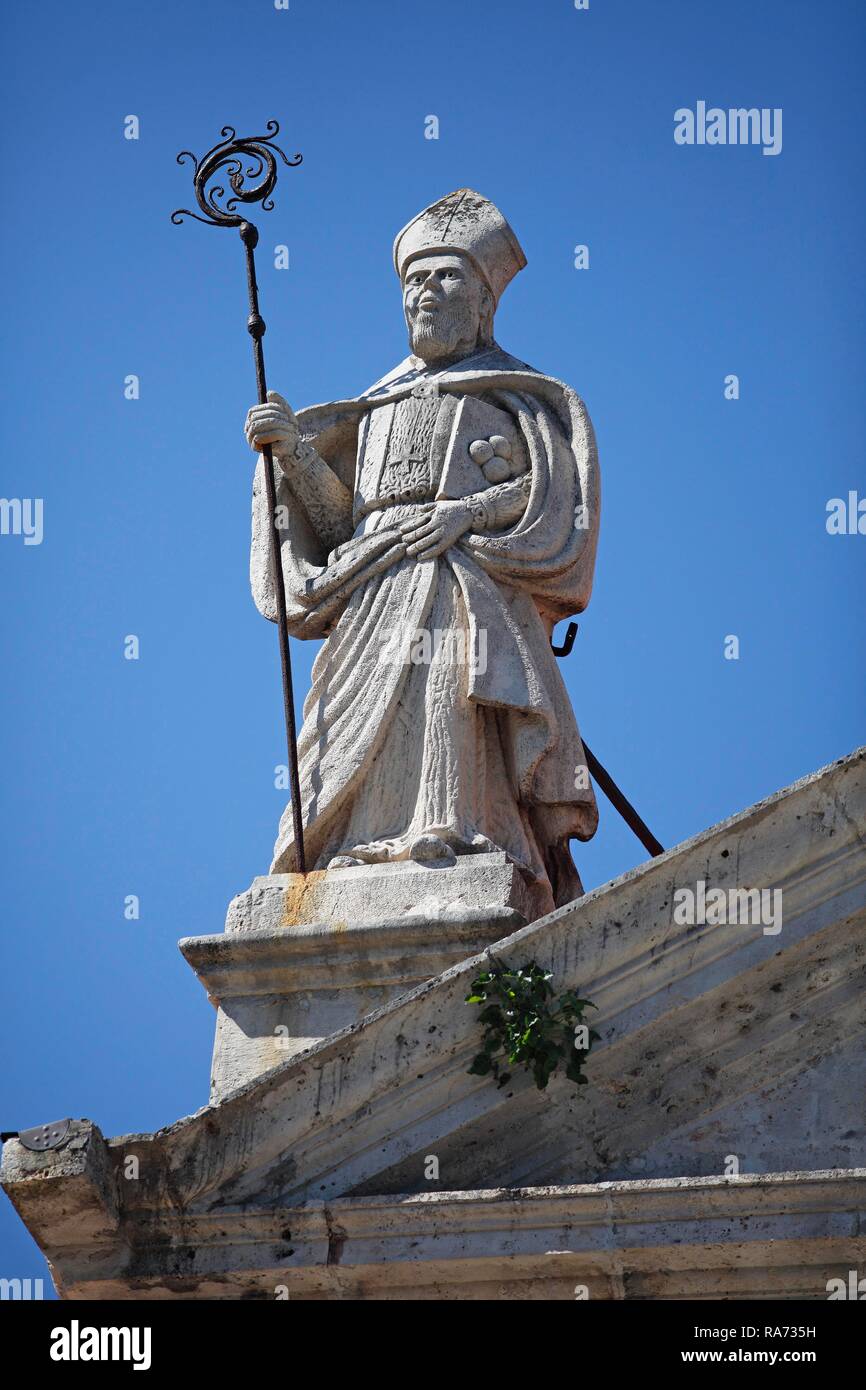 Statue of saint on the church Crkva Sv. Nikole, Prčanj, Bay of Kotor ...