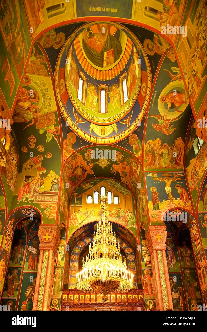 Interior view with wall paintings, Serbian orthodox church St.Kyrill ...