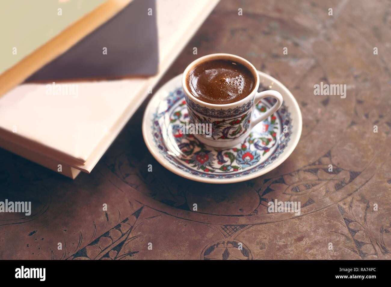 Turkish coffee with traditional cup top view Stock Photo - Alamy