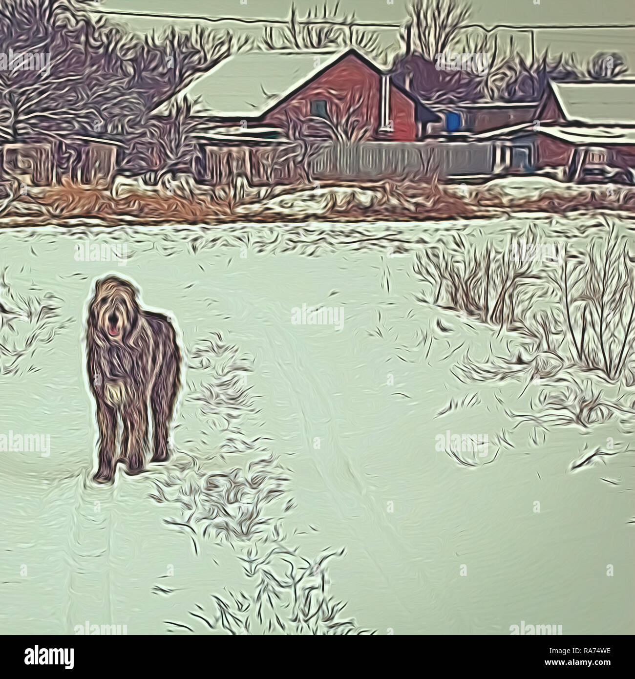 Abstract illustration with a dog and a village house in the background ...
