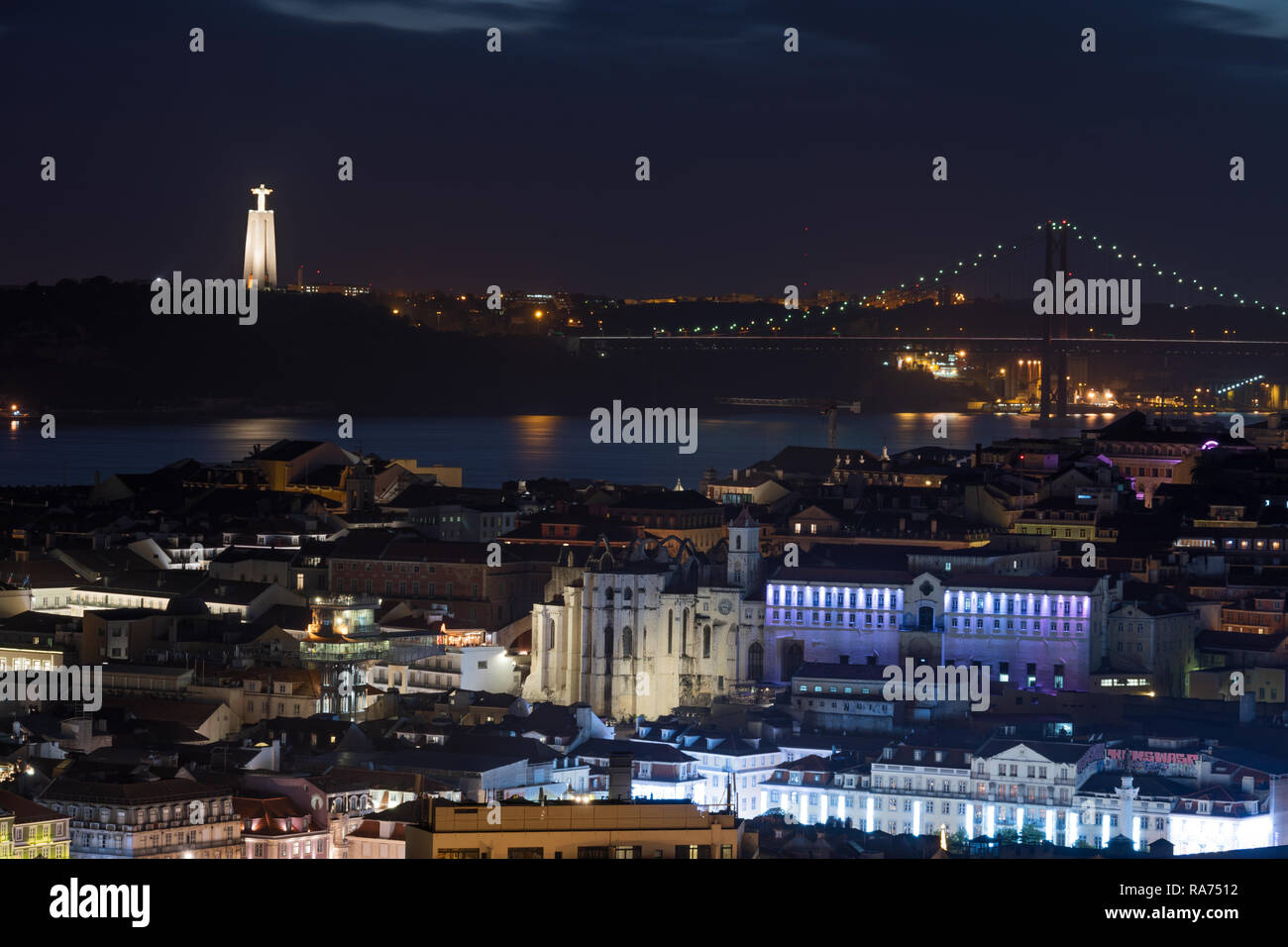 Lisbon aerial panorama view of city centre with illuminated buildings ...