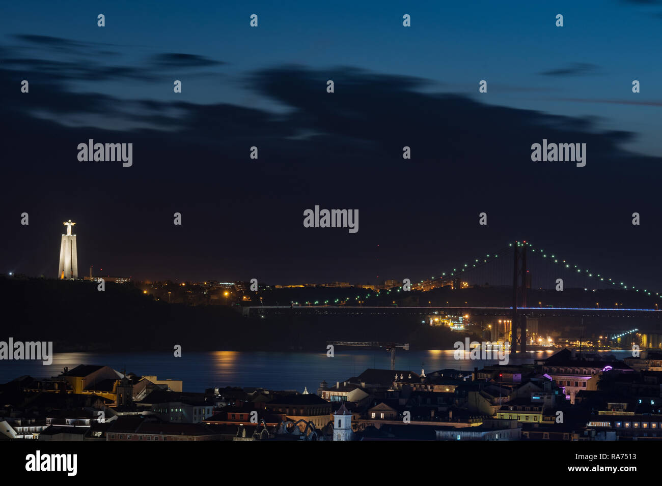 Lisbon aerial panorama view of city centre with illuminated buildings ...