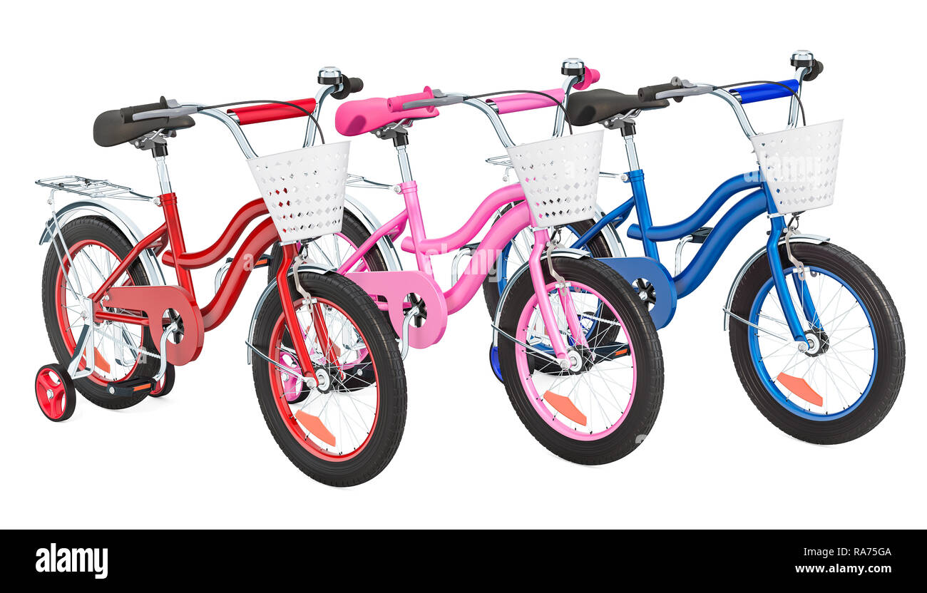 Set of colored kids bicycles with training wheels and baskets. 3D ...
