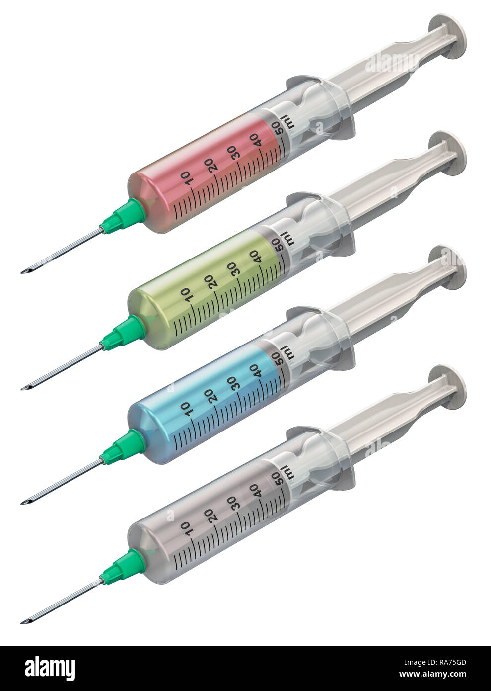 Syringes with colored drugs and empty syringe, 3D rendering isolated on ...