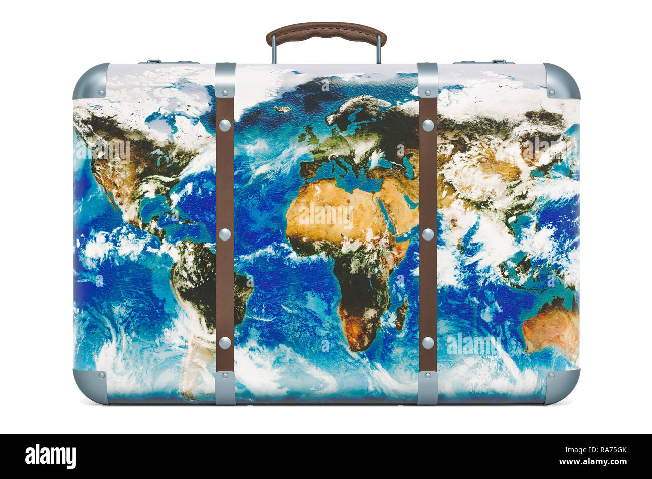 Suitcase with Earth map texture. Travel concept, 3D rendering isolated ...