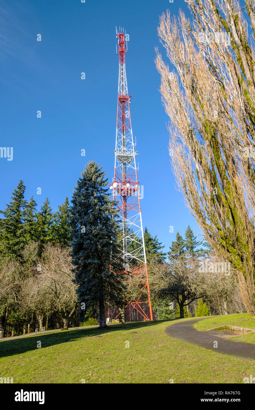 Communication and cell phone tower in a park Portland Oregon Stock ...