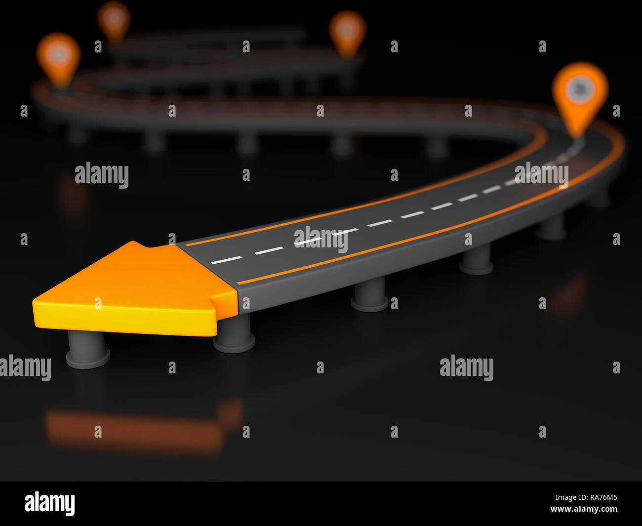 3d Illustration of highway arrow at the end of a road with checkpoints ...